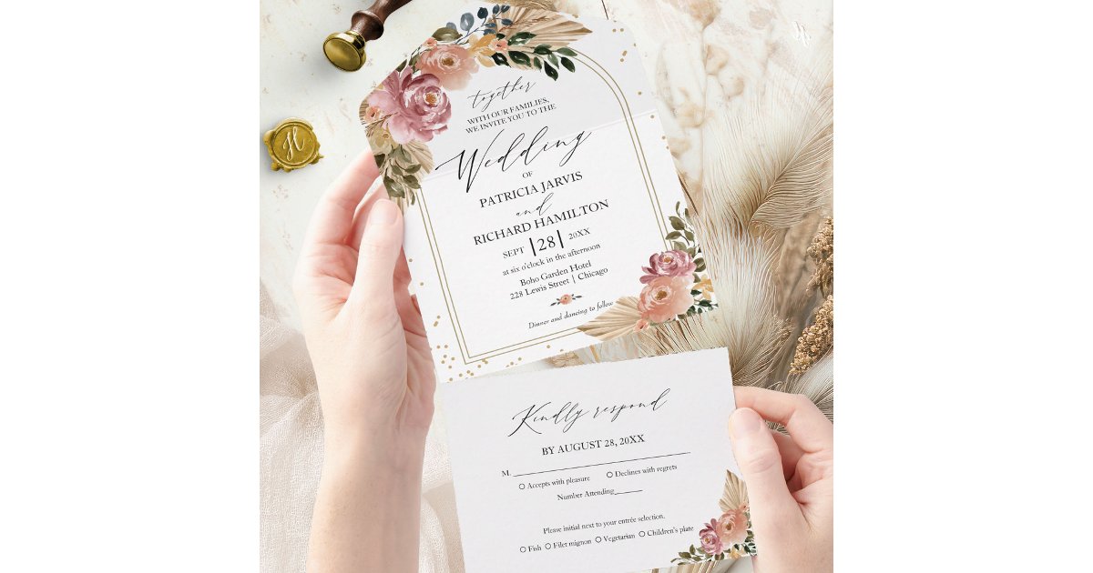 Chic Neutral Colors Boho Floral Wedding All In One Invitation | Zazzle
