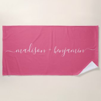 Chic Newlywed Monogram Names Hot Pink Beach Towel | Zazzle