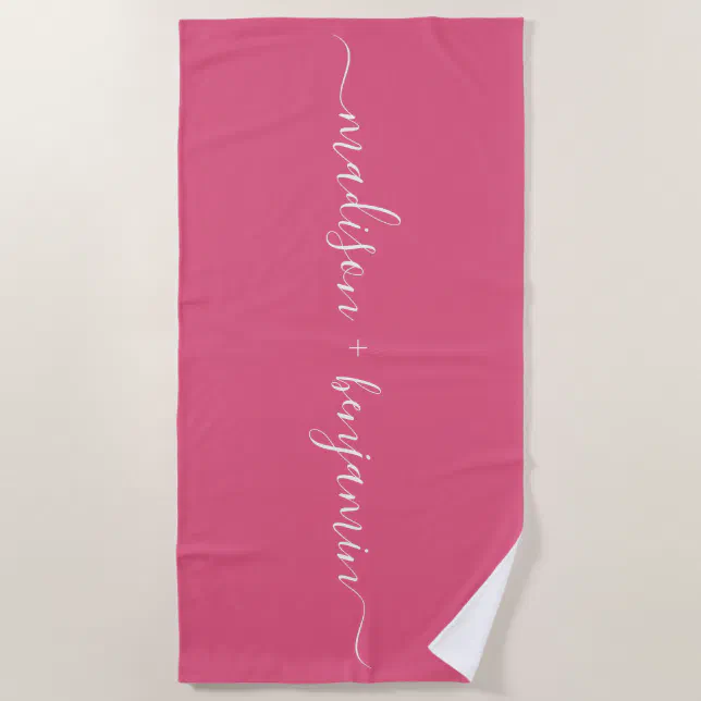 Chic Newlywed Monogram Names Hot Pink Beach Towel | Zazzle