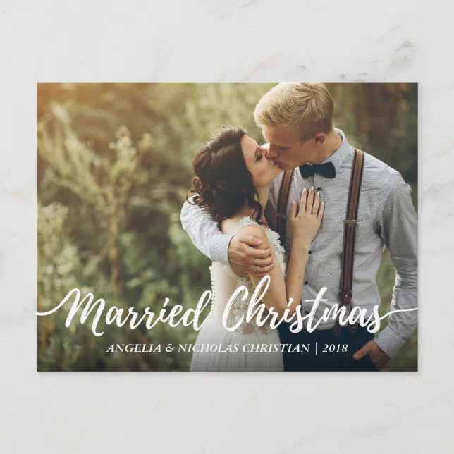 Chic Newlyweds Married Christmas Typography Photo Postcard | Zazzle