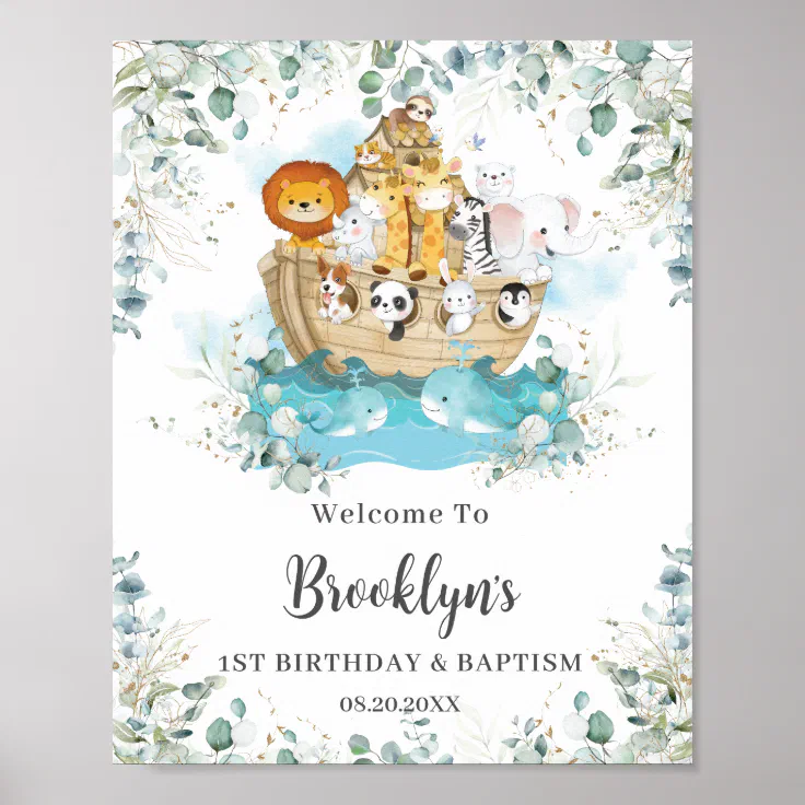 Chic Noah's Ark Greenery Baptism Birthday Welcome Poster | Zazzle