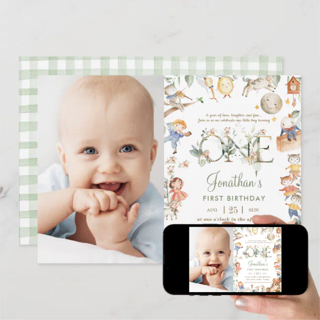 Chic Nursery Rhyme Greenery 1st Birthday Photo Invitation | Zazzle