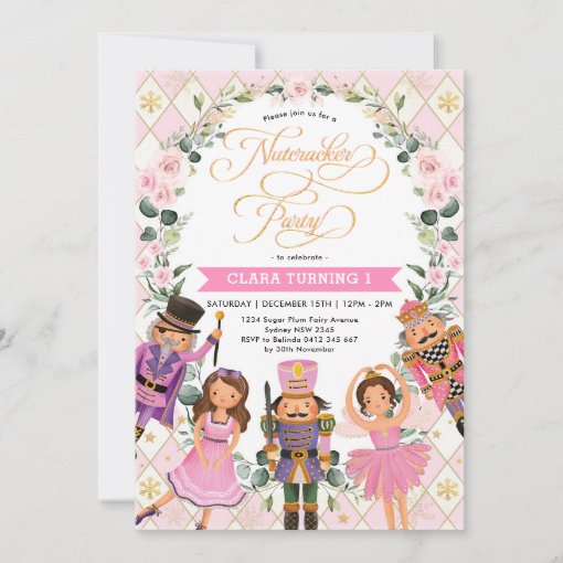 Chic Nutcracker Party Soft Pink Floral Birthday Invitation | Zazzle
