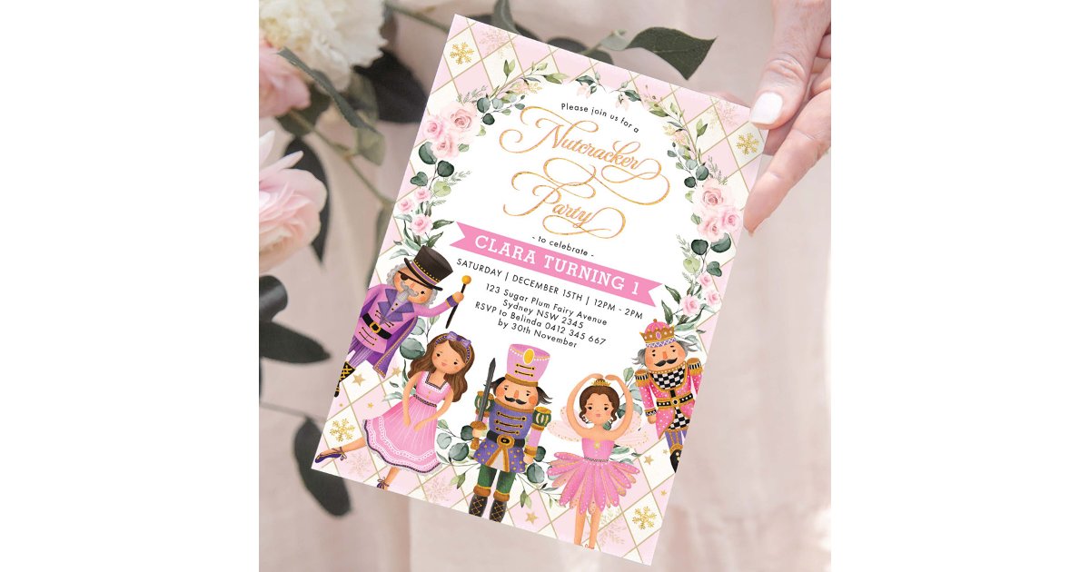 Chic Nutcracker Party Soft Pink Floral Birthday Invitation | Zazzle