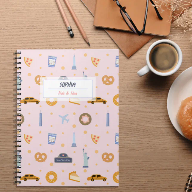 Chic NYC Pattern Pink Name Spiral Notebook | Zazzle
