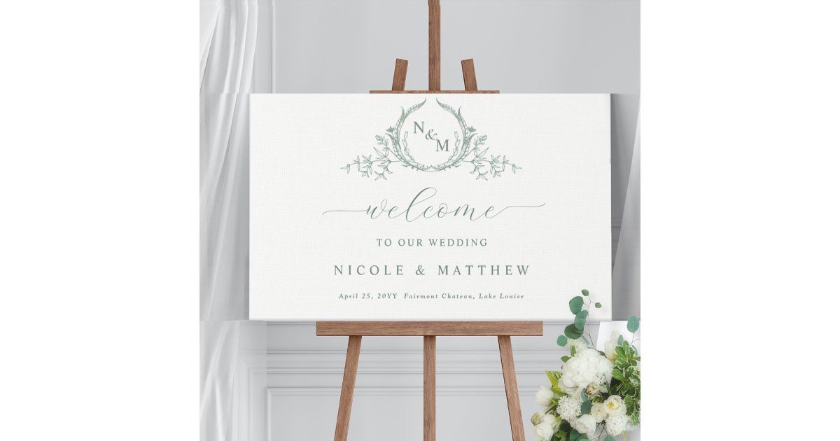 Chic Pale Green Monogram Wedding Welcome Sign | Zazzle