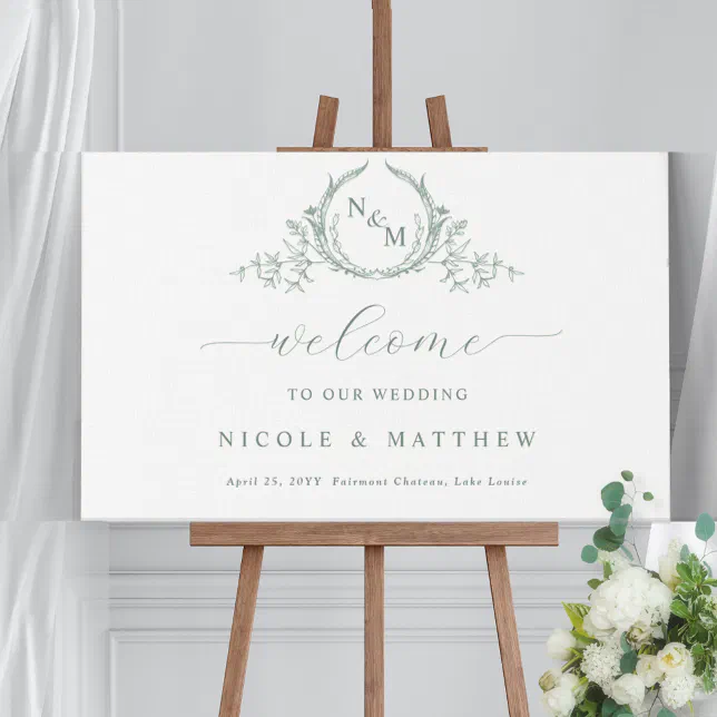 Chic Pale Green Monogram Wedding Welcome Sign | Zazzle