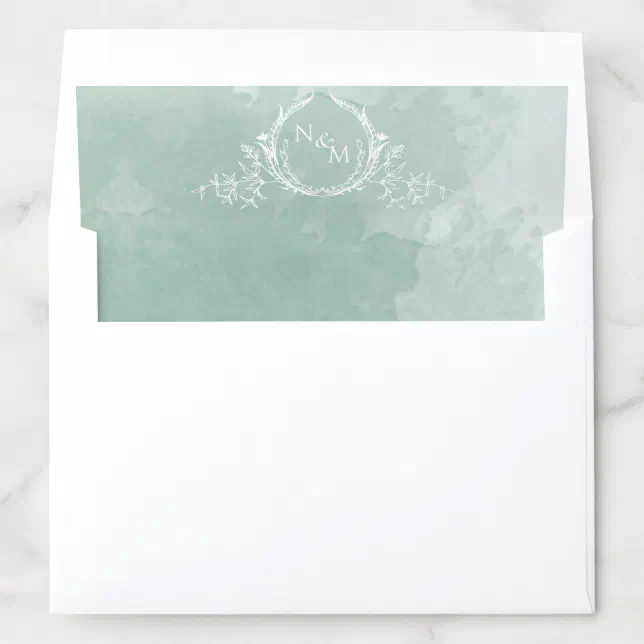 Chic Pale Green Watercolor, White Monogram Wedding Envelope Liner | Zazzle