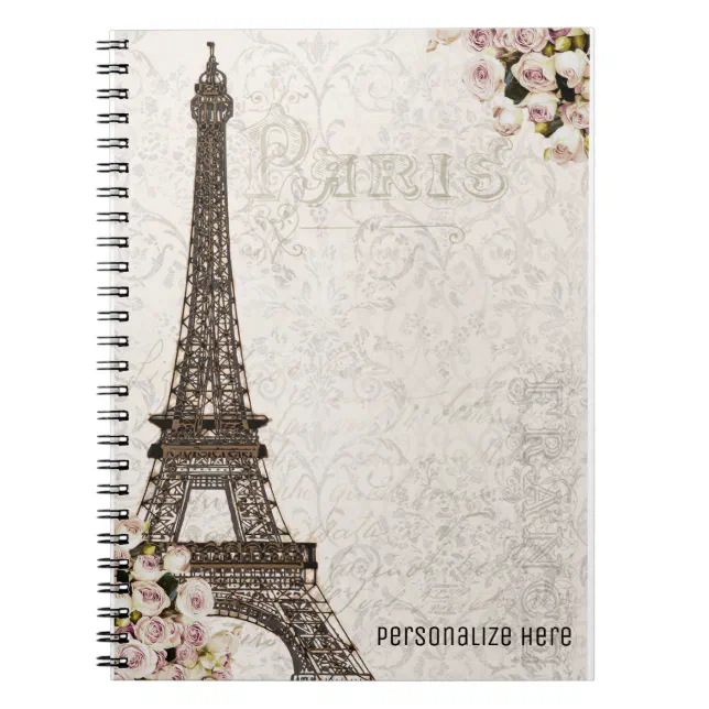 Chic Paris Eiffel Tower & Roses Elegant Custom Notebook | Zazzle