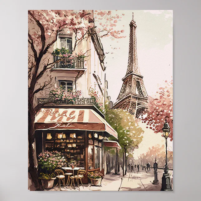 Chic Parisian Cafe Eiffel Tower Paris France Scene Poster | Zazzle