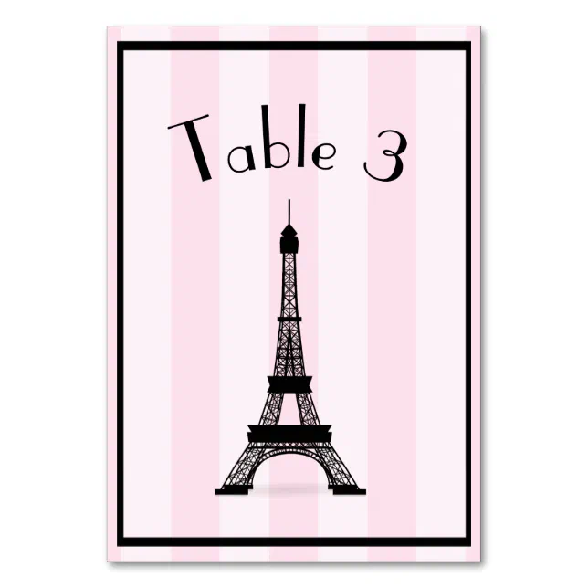 Chic Parisian Pink Stripe Black Eiffel Tower Table Number | Zazzle