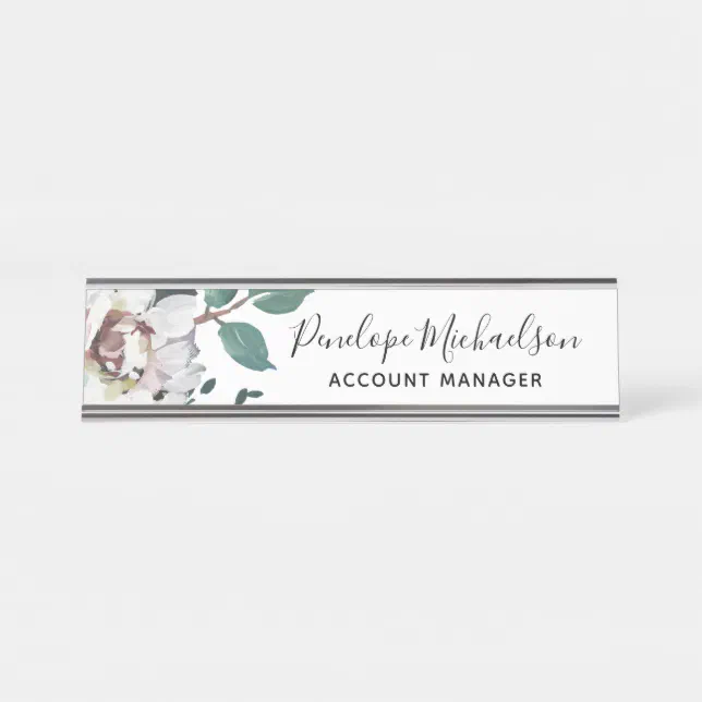 Chic Pastel Floral with Name and Title Desk Name Plate | Zazzle