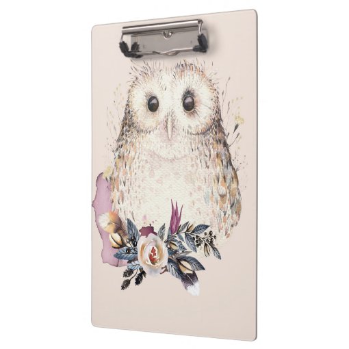 Chic Pastel Flower Owl Animal Boho Illustration Clipboard | Zazzle