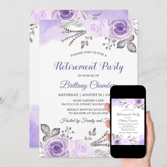 Chic Pastel Purple Rose Garden Retirement Party Invitation | Zazzle