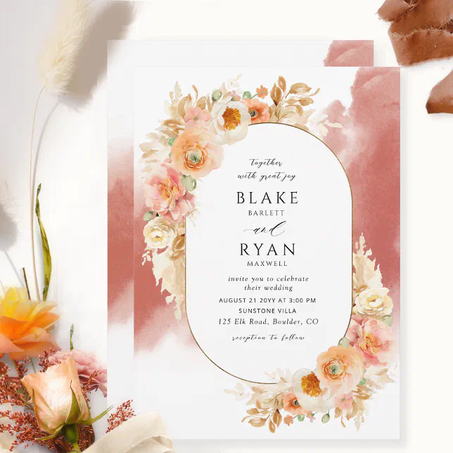 Chic Peach Blush Cream Rust Orange Oval Wedding Invitation | Zazzle