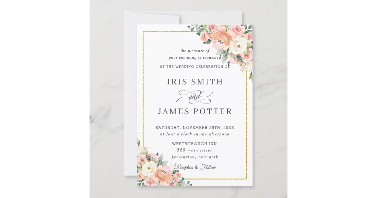 Chic Peach Ivory Blush Floral Gold Wedding Invitation | Zazzle