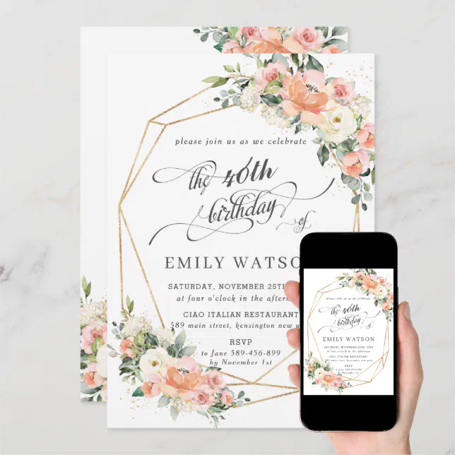 Chic Peach Ivory Pink Floral Birthday Geometric Invitation | Zazzle