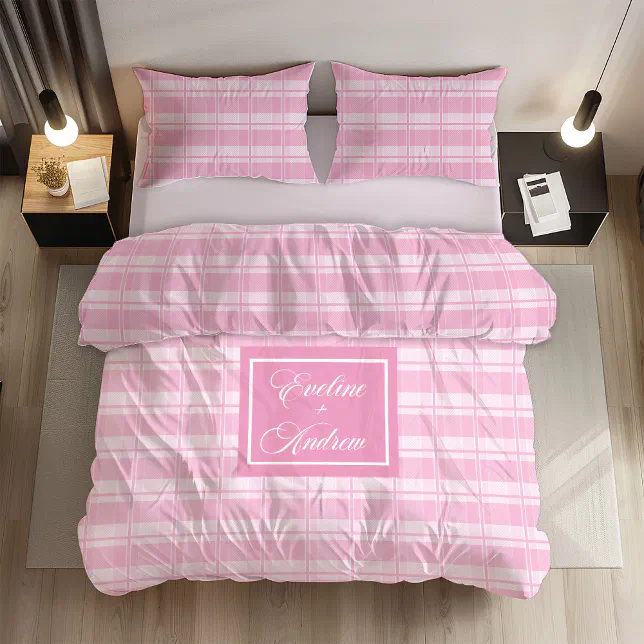 Chic Personalized Duvet Cover Soft Pink Plaid | Zazzle