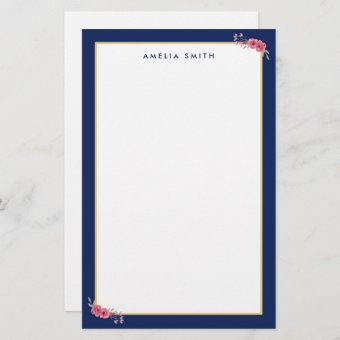 Chic Personalized Name Blue Border Pink Flowers Stationery | Zazzle