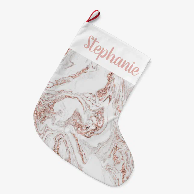Chic Personalized Rose Gold Faux Marble Large Christmas Stocking | Zazzle