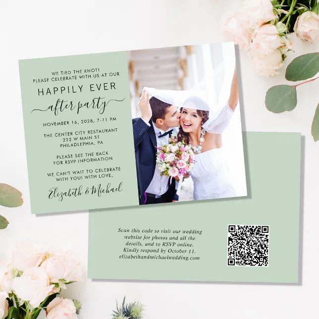 Chic Photo QR Code Sage Wedding Reception Invitation | Zazzle