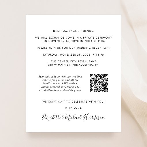 Chic Photo QR Code Wedding Reception Invitation | Zazzle