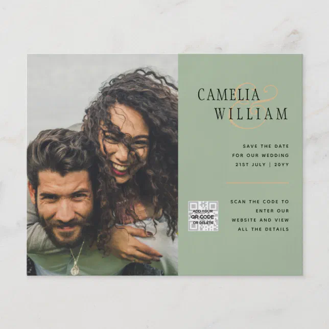 Chic Photo Wedding Invite QR Code Save Date Green Flyer | Zazzle