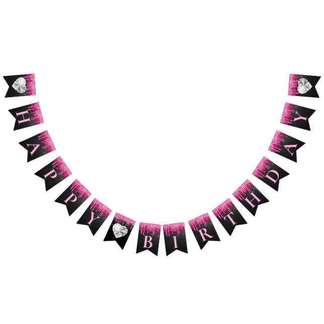Chic pink and black dripping glitter birthday bunting flags | Zazzle