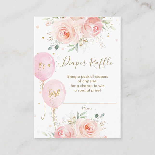 Chic Pink Balloons Blush Floral Diaper Raffle Enclosure Card | Zazzle