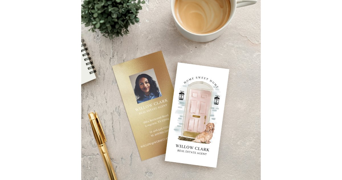 Chic Pink Door Luxury Gold Real Estate Agent Photo Business Card | Zazzle