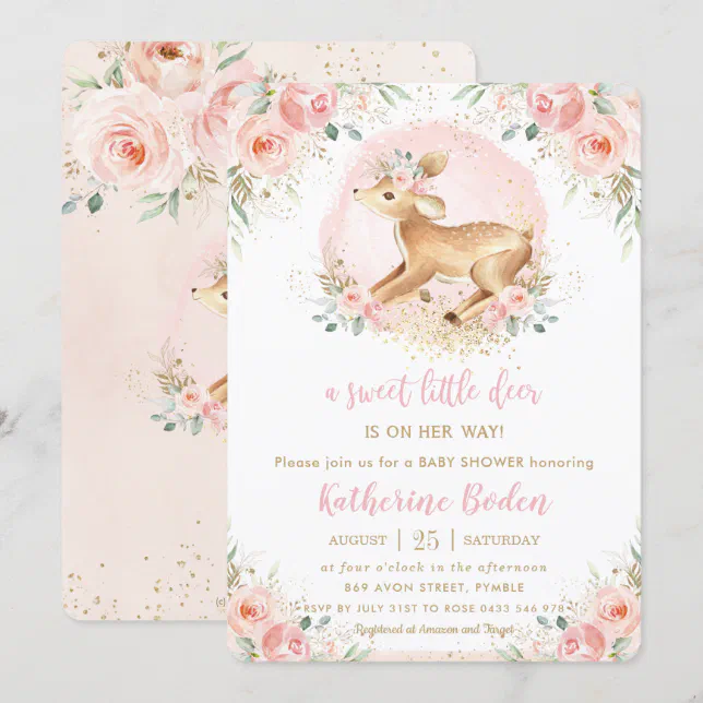 Chic Pink Floral Cute Deer Fawn Girl Baby Shower Invitation | Zazzle