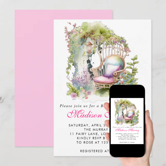 Chic Pink Floral Flower Garden Chair Baby Shower Invitation | Zazzle