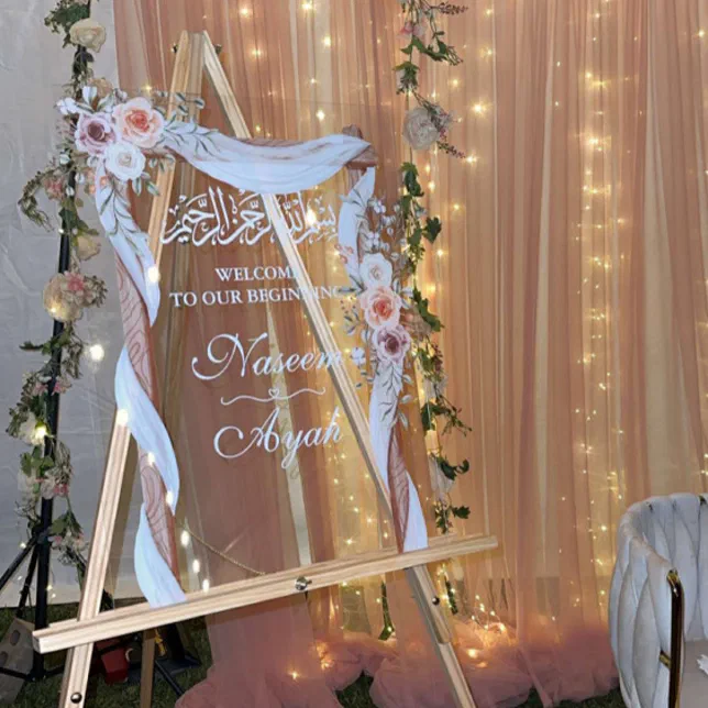 Chic Pink Floral Muslim Islamic Arabic Party Acrylic Sign | Zazzle