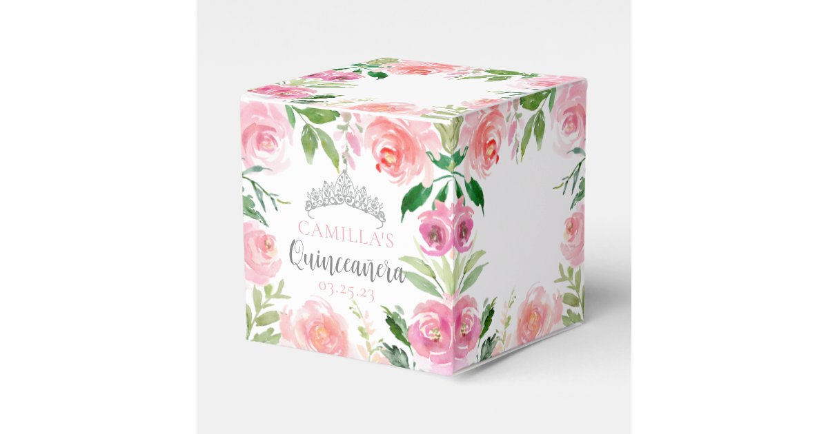 Chic Pink Floral Quinceañera Silver Tiara Party Favor Boxes | Zazzle