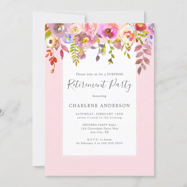 Chic pink floral retirement party invitation | Zazzle