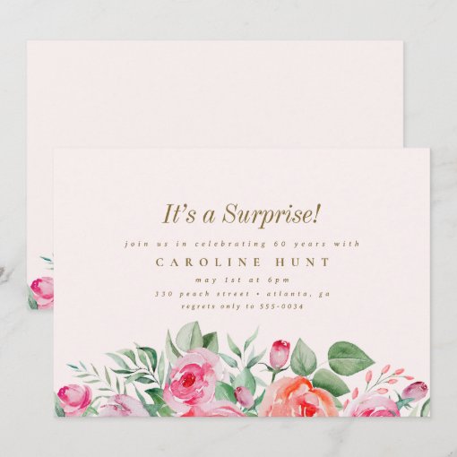 Chic Pink Floral Rose Surprise Birthday Party Invitation | Zazzle