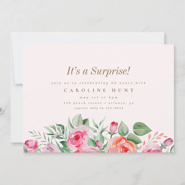 Chic Pink Floral Rose Surprise Birthday Party Invitation | Zazzle