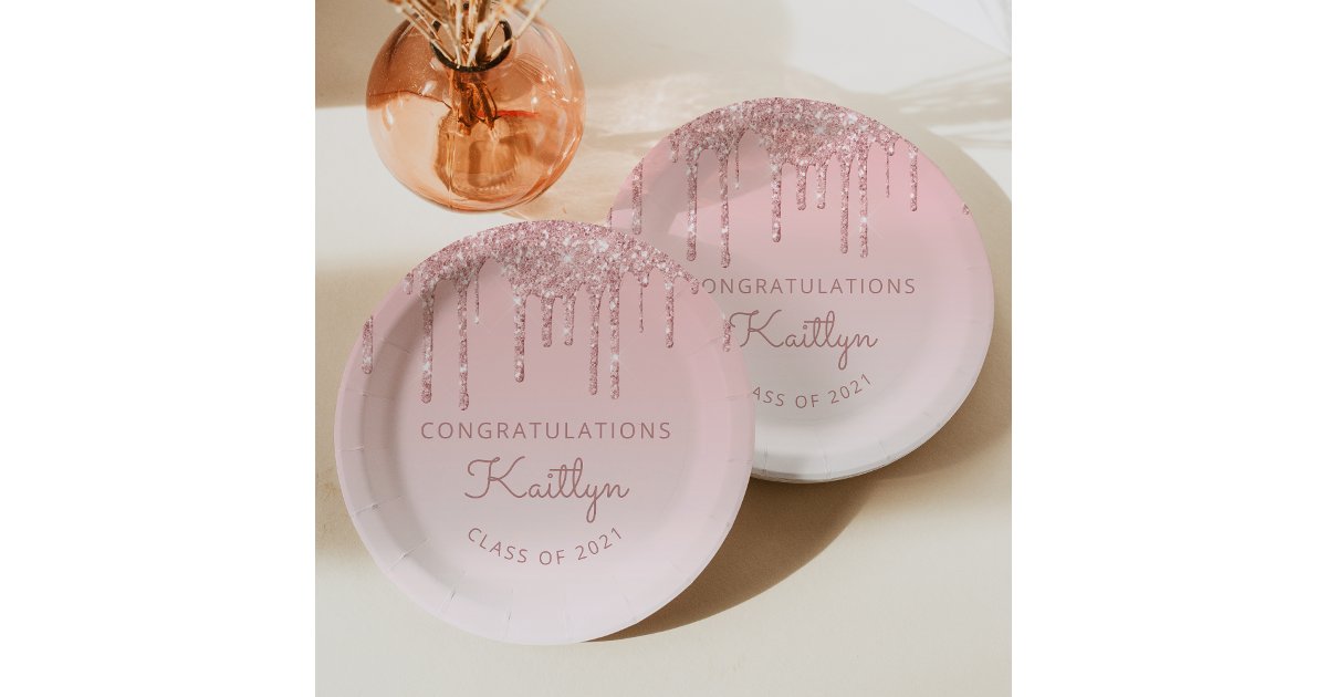 Chic Pink Glitter Drip Graduation Party Paper Plates | Zazzle