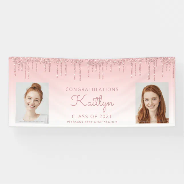 Chic Pink Glitter Drip Two Photo Graduation Banner | Zazzle