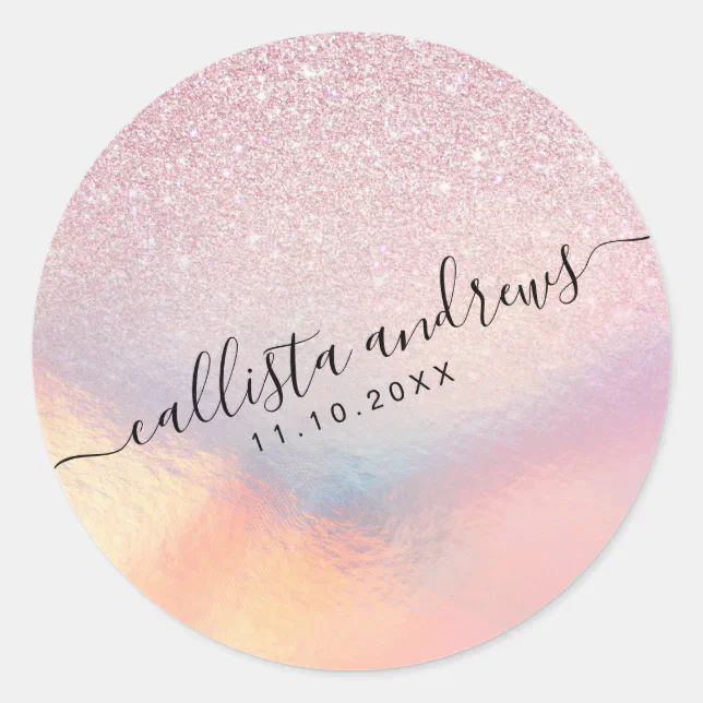 Chic Pink Glitter Iridescent Holographic Gradient Classic Round Sticker ...