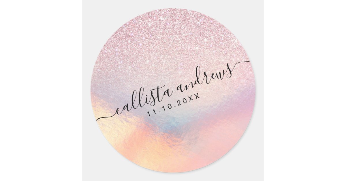 Chic Pink Glitter Iridescent Holographic Gradient Classic Round Sticker ...