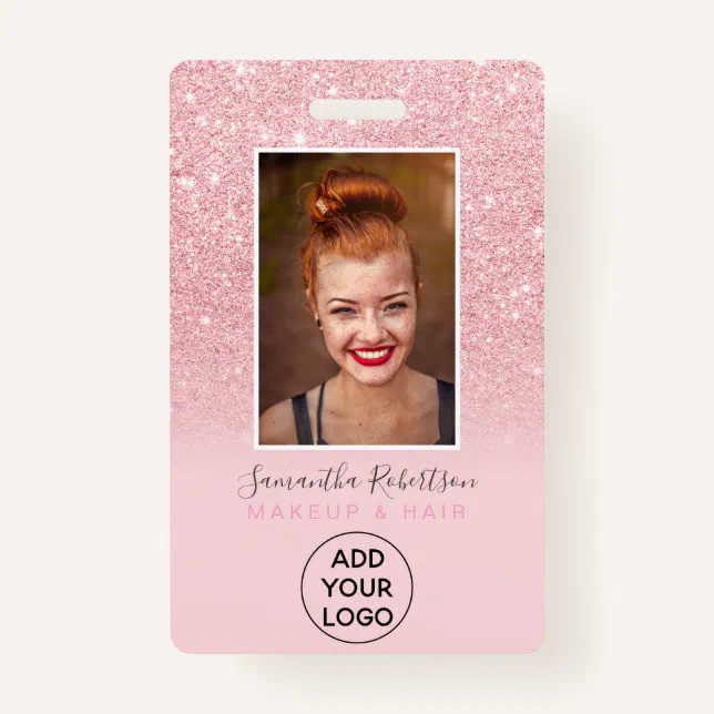Chic pink glitter sparkle logo employee photo pass badge | Zazzle