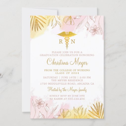 Chic Pink Gold Floral RN Nursing Graduation Photo Invitation | Zazzle