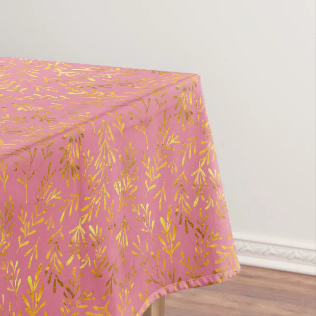 Chic Pink Gold Leaf Fall Autumn Pattern Tablecloth | Zazzle