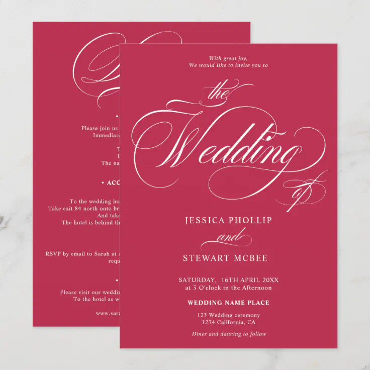 Chic pink magenta all in one calligraphy wedding invitation | Zazzle