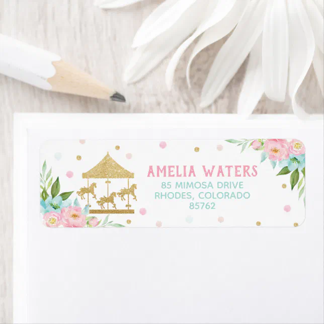 Chic Pink Mint Floral Carousel Birthday Party Label | Zazzle