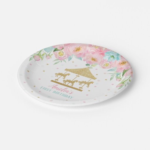 Chic Pink Mint Floral Carousel Birthday Party Paper Plates | Zazzle