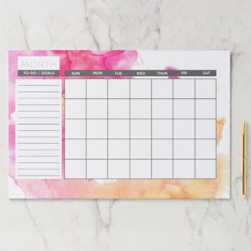 Chic Pink & Orange Watercolor Monthly Calendar Paper Pad | Zazzle