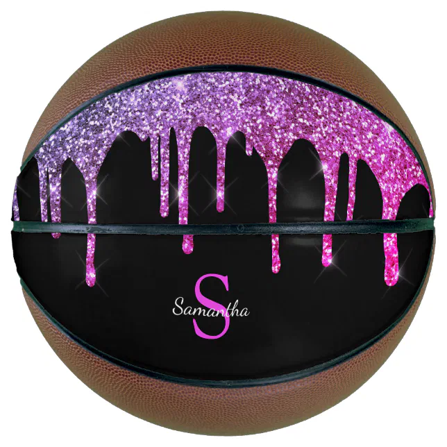 Chic Pink Purple Glitter Sparkle Drips Monogram Basketball | Zazzle
