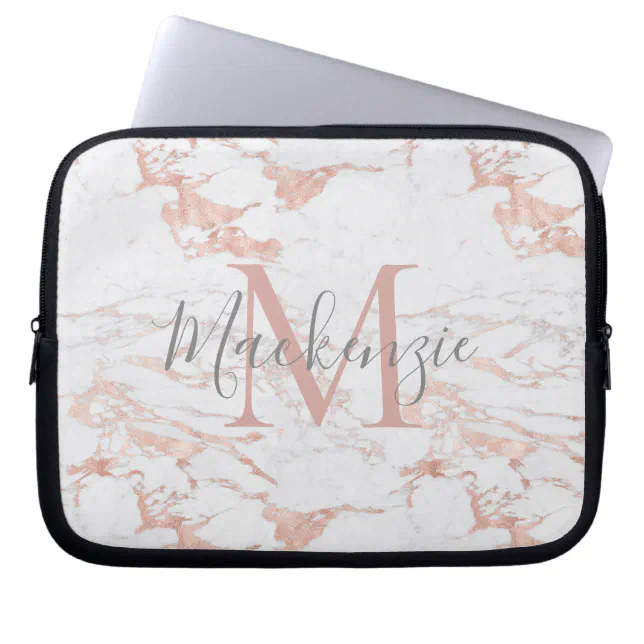 Chic Pink Rose Gold Foil Marble Monogram Laptop Sleeve | Zazzle